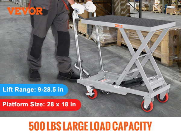 VEVOR Hydraulic Lift Table Cart, 500lbs Capacity 28.5" Lifting Height ...