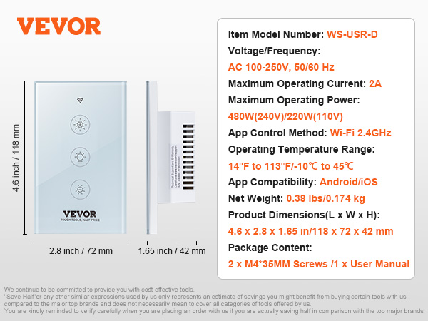 VEVOR WiFi Smart Light Dimmer Switch, 100-250V AC Wi-Fi 2.4GHz, 15% to ...