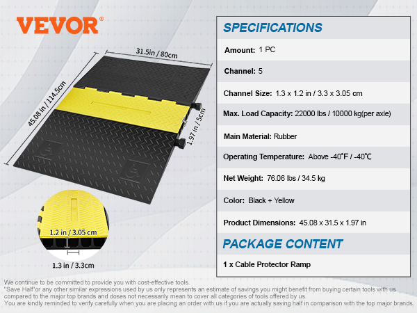 VEVOR Rubber Cable Protector Ramp, 5 Channel, 22000 lbs/axle Capacity ...