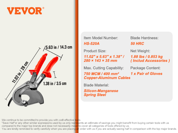VEVOR Ratcheting Cable Cutter, 11" Wire Cutter Heavy Duty with Gloves ...