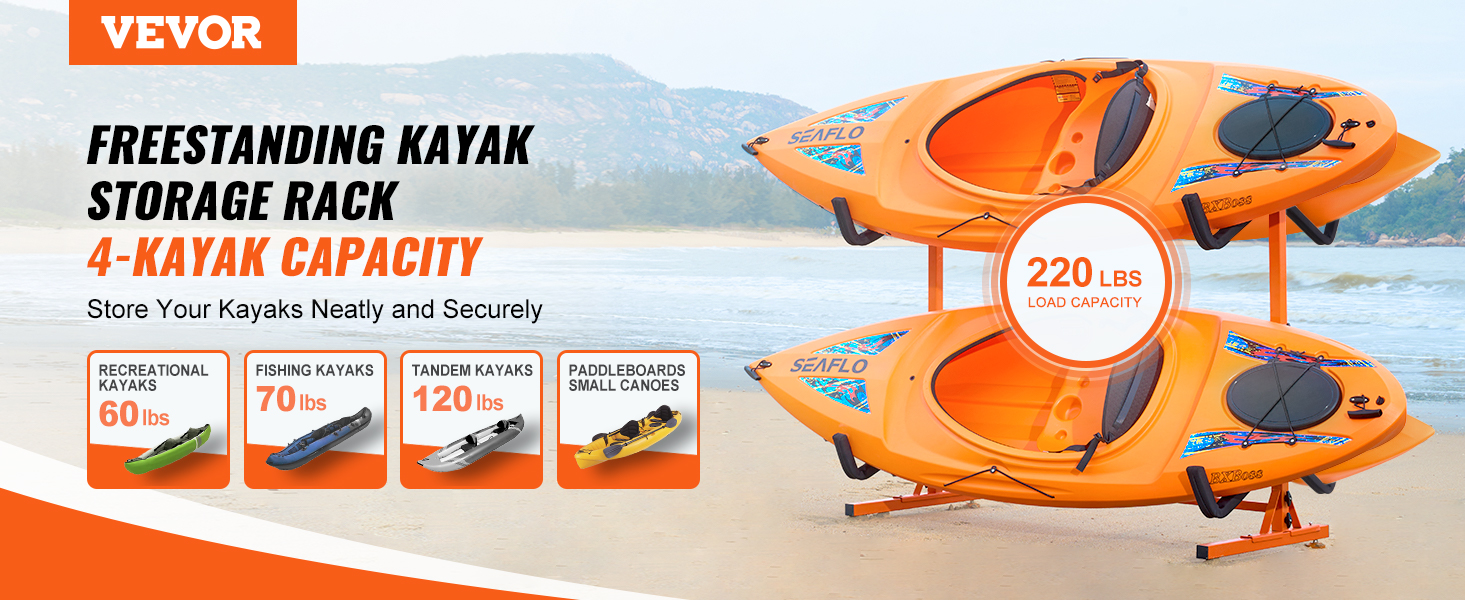 VEVOR Freestanding Kayak Storage Rack, Kayak Stand for 4 Kayak Canoe ...