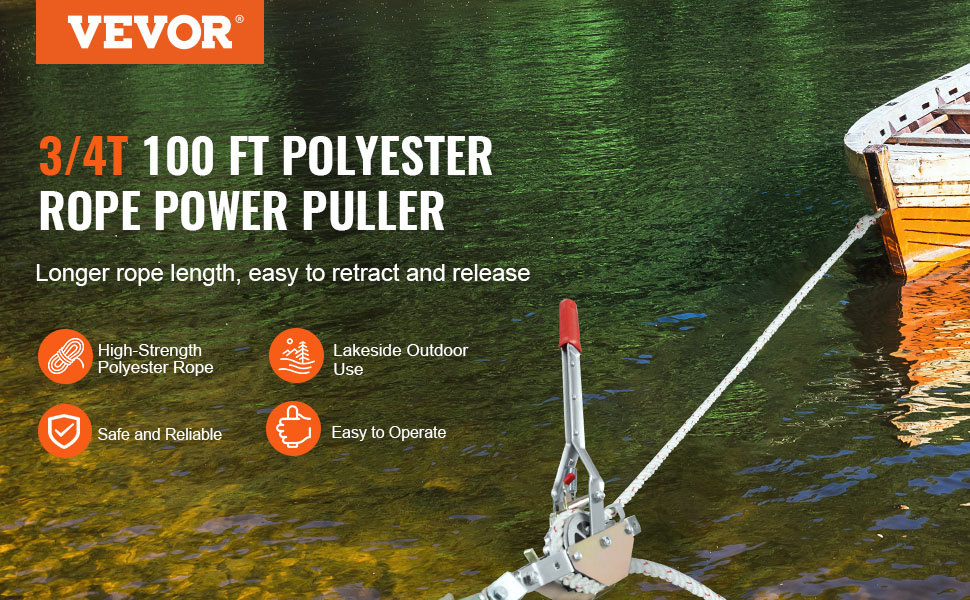 VEVOR Rope Puller, 3/4 Ton (1,653 lbs) Pulling Capacity, with 100' of 0 ...