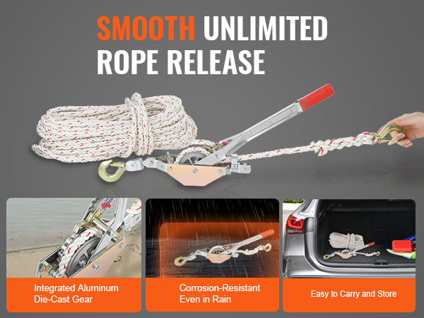 VEVOR Rope Puller, 3/4 Ton (1,653 lbs) Pulling Capacity, with 100' of 0 ...