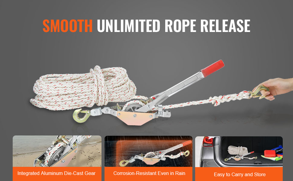 VEVOR Rope Puller, 3/4 Ton (1,653 lbs) Pulling Capacity, with 100' of 0 ...