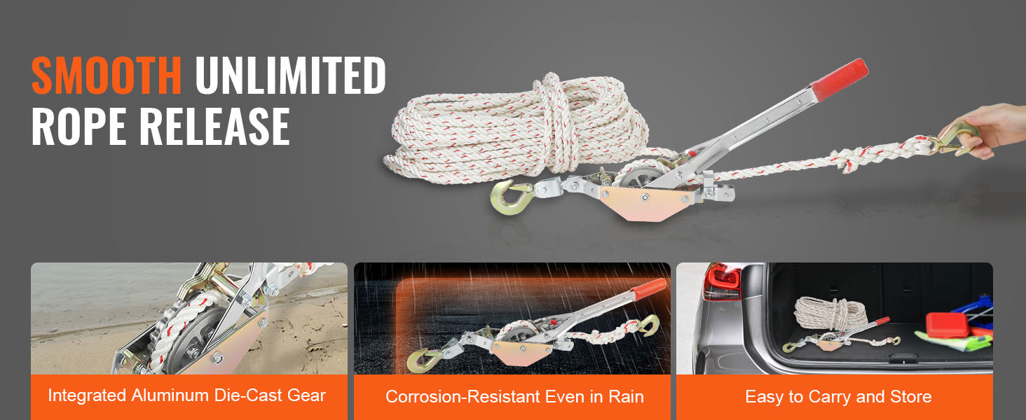 VEVOR Rope Puller, 3/4 Ton (1,653 lbs) Pulling Capacity, with 100' of 0 ...