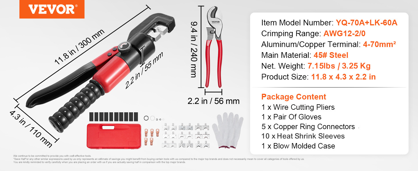 VEVOR Crimping Tool, AWG12-2/0 Copper And Aluminum Terminal Battery Lug ...