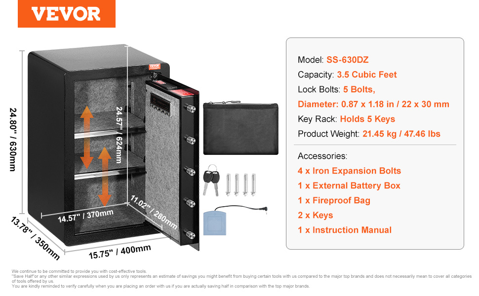 VEVOR Single Door 3.5 cu.ft Safe Box with Key Lock & Password LED Light ...