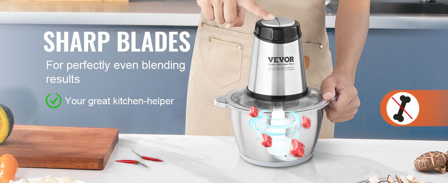 VEVOR Food Processor, Electric Meat Grinder with 4-Wing Stainless Steel ...
