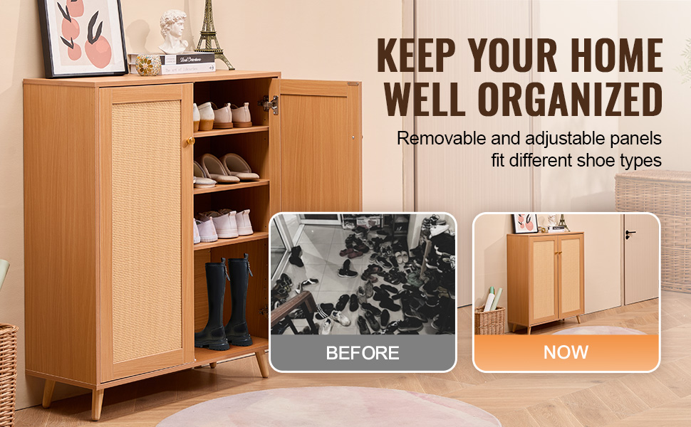 VEVOR Rattan Shoe Cabinet, 5 Tiers Shoe Storage Organizer with 2 Doors ...