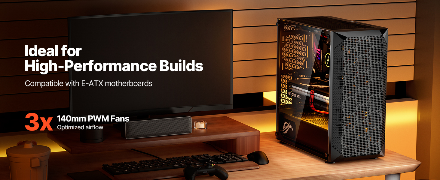 VEVOR PC-kabinet Full-Tower Gaming-computerkabinet 3 PWM-blæsere til E ...
