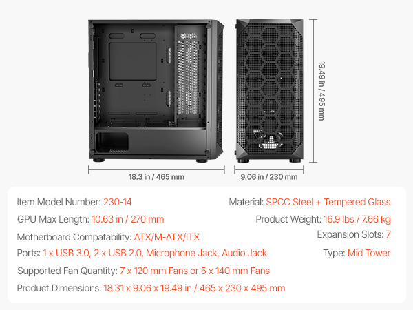 VEVOR PC Gaming Case Mid-Tower Computer Case 4 x 120 mm Fans for ATX/M ...