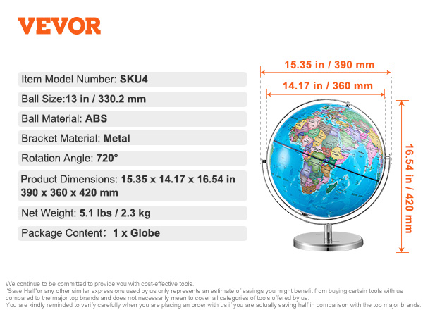 VEVOR Rotating World Globe with Stand, 330.2 mm, Educational Geographic ...