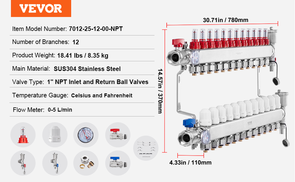 VEVOR 12-Branch Radiant Heat Manifold 1/2" PEX Tubing Floor Heating ...