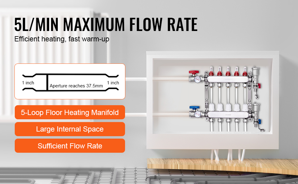 VEVOR 5-Branch Radiant Heat Manifold 1/2" PEX Tubing Floor Heating ...