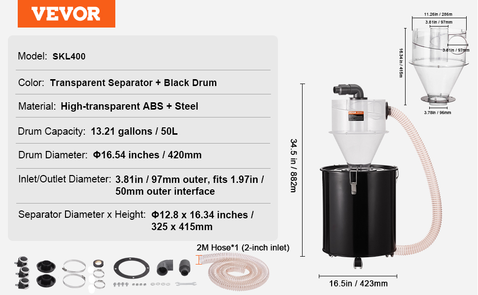 VEVOR Cyclone Dust Separator w/ Tank Vacuum Cleaner Separator 4" for 13 ...