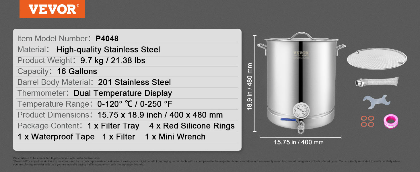 VEVOR Stainless Steel Home Brew Kettle Set 16Gal Beer Stock Pot with ...