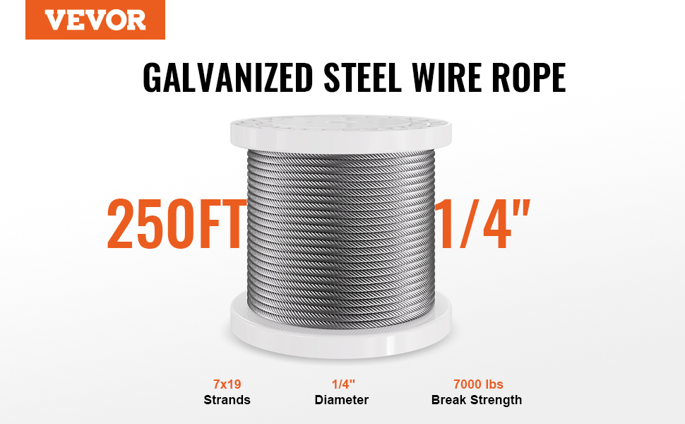 VEVOR Carbon Steel Cable 1/4" 7x19 Strands Steel Wire Rope 250 ft Cable ...
