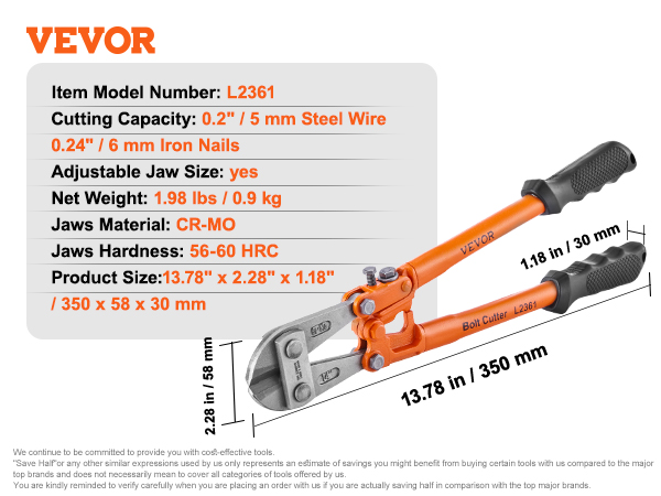 VEVOR Bolt Cutter, 14" Lock Cutter, Bi-Material Handle with Soft Rubber ...