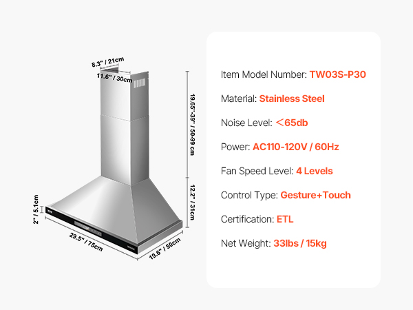 VEVOR 30" Wall Mount Range Hood Ceiling Mount Vent 800CFM Gesture ...