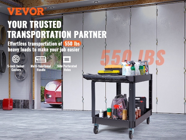 VEVOR Utility Service Cart, 2 Shelf 550LBS Heavy Duty Plastic Rolling ...