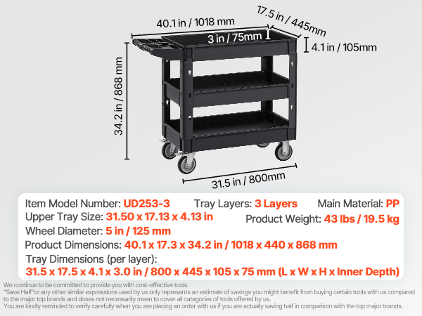 VEVOR Utility Service Cart, 3 Shelf 550LBS Heavy Duty Plastic Rolling ...