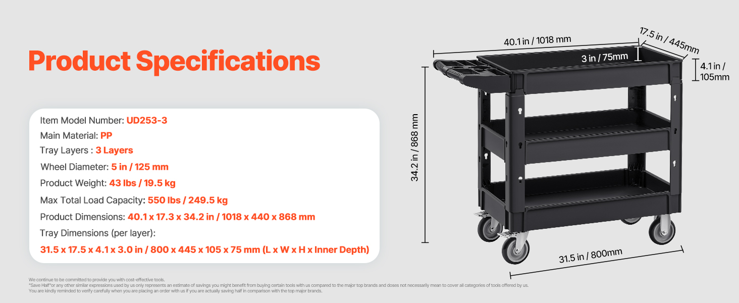 VEVOR Utility Service Cart, 3 Shelf 550LBS Heavy Duty Plastic Rolling ...