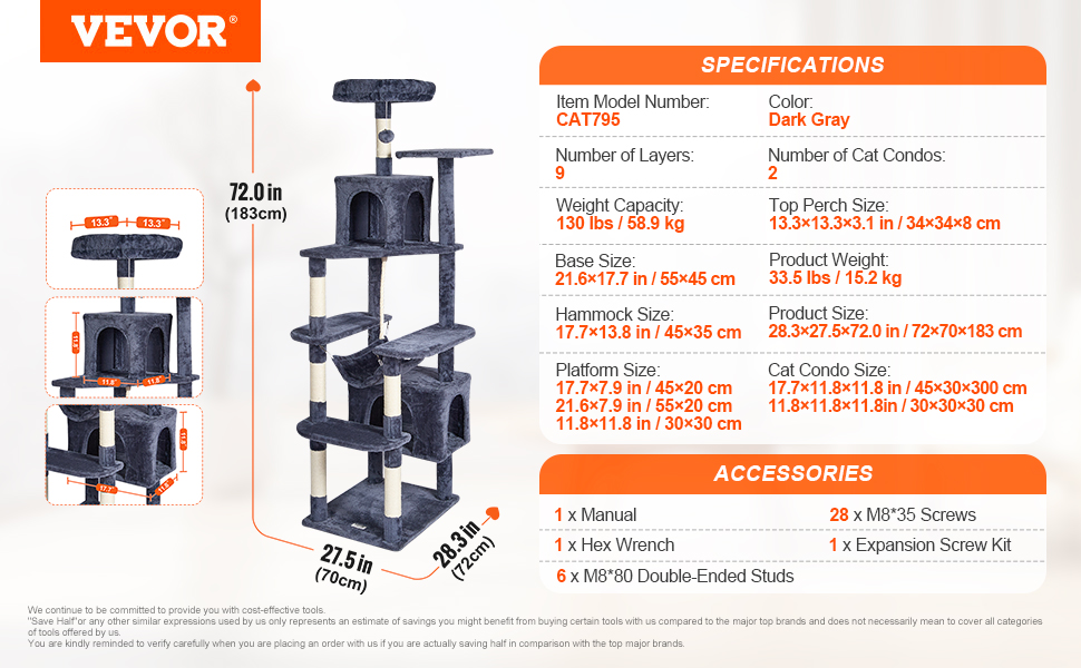 VEVOR Cat Tree 72" Cat Tower with 2 Cat Condos Sisal Scratching Post ...