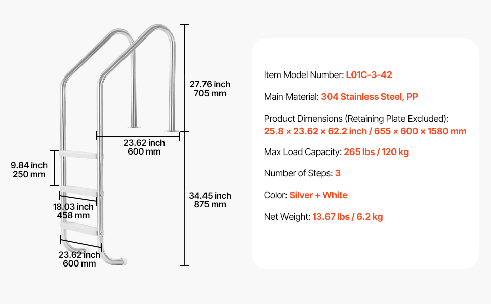 3-Step Stainless Steel Pool Ladder of 2 Handrails Loads 265 lb for 48 ...