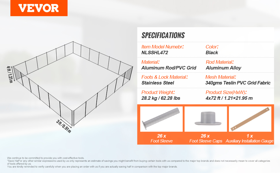 VEVOR Pool Fence, 4 x 72 FT Pool Fences for Inground Pools, Removable ...