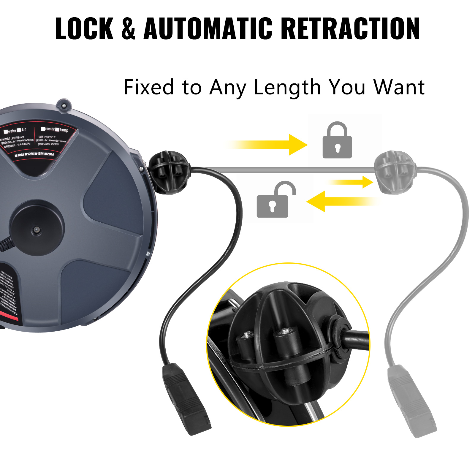 VEVOR Retractable Extension Cord Reel 50+3.2FT, 16/3 SJT Power Cord ...