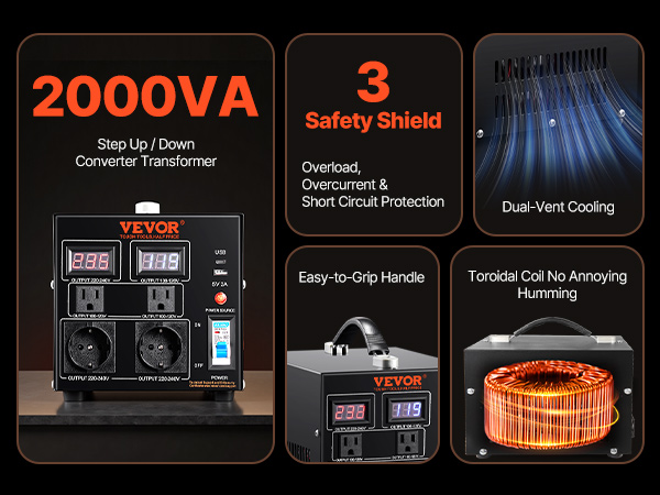 VEVOR Volt Converter Transformator, 2000VA, Heavy Duty Step Up/Down Transformator, Konvertera ...