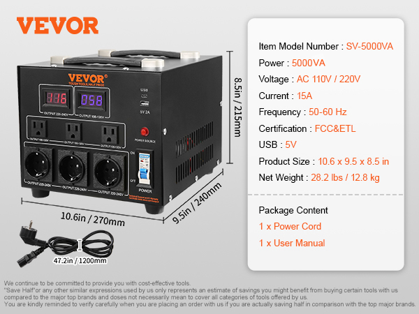 VEVOR Voltage Converter Transformer, 5000VA, Heavy Duty Step Up/Down ...