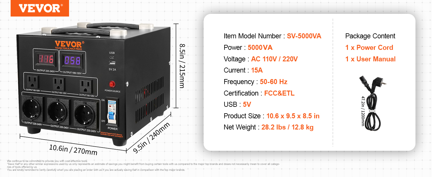 VEVOR Voltage Converter Transformer, 5000VA, Heavy Duty Step Up/Down ...