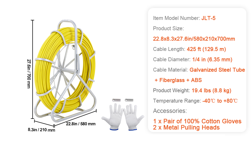 VEVOR Fish Tape Fiberglass, 425 ft, 1/4 inch, Duct Rodder Fishtape Wire ...