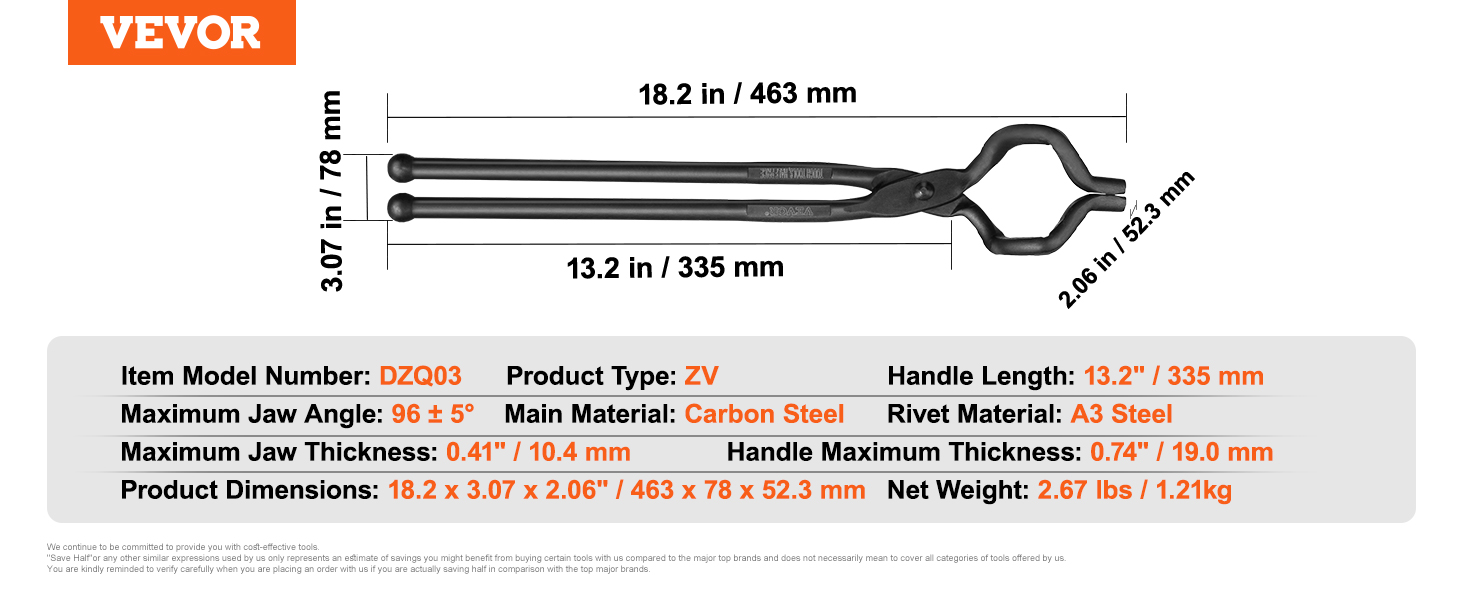 VEVOR Blacksmith Tongs, 18” Z V-Bit Tongs, Carbon Steel Forge Tongs ...