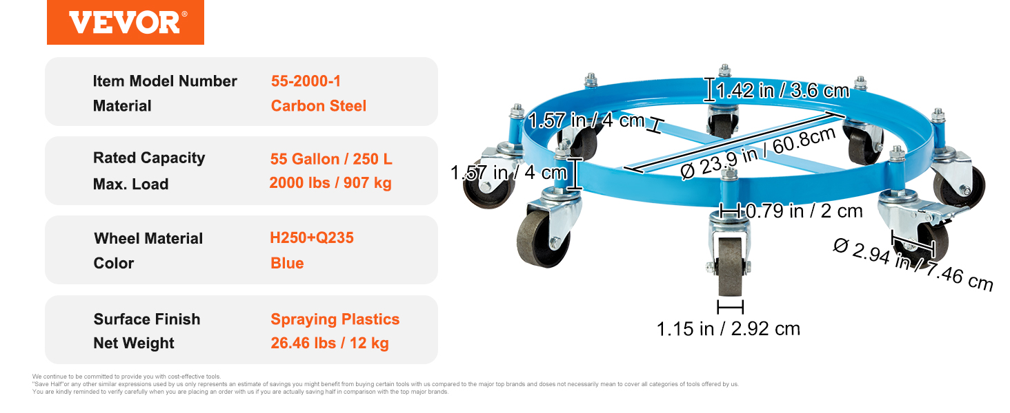 VEVOR 55 Gallon Heavy Duty Drum Dolly, 2000lbs Load Capacity, Barrel ...