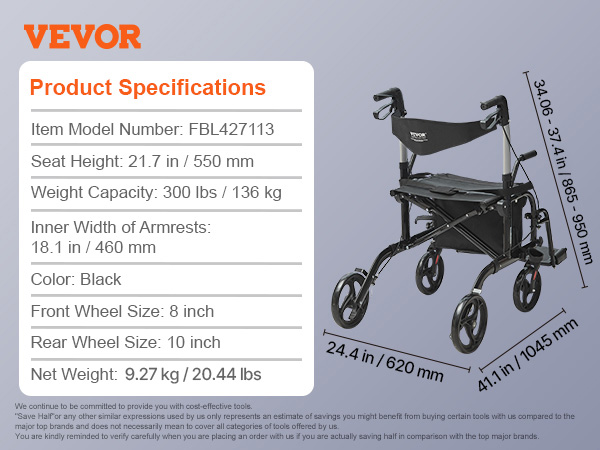VEVOR 2 in 1 Rollator Walker & Transport Chair for Seniors, Folding ...