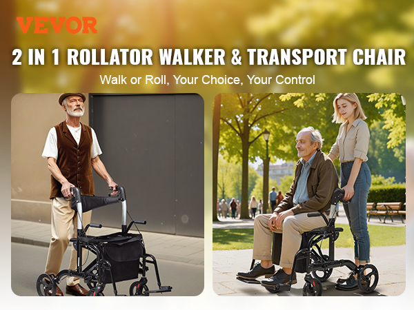 VEVOR 2 in 1 Rollator Walker & Transport Chair for Seniors, Folding ...