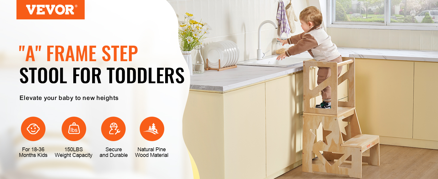 VEVOR Toddler Step Stool, Natural Pine Wood Kids Kitchen Stool with ...
