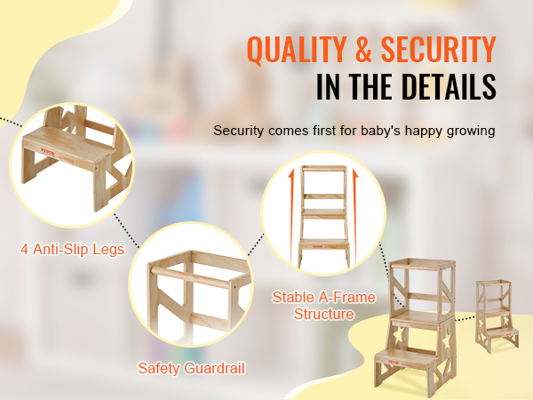 VEVOR Toddler Step Stool, Natural Pine Wood Kids Kitchen Stool with ...