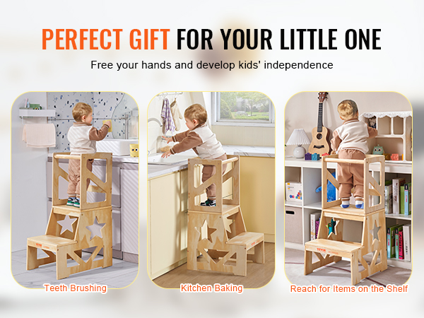 VEVOR Toddler Step Stool, Natural Pine Wood Kids Kitchen Stool with ...