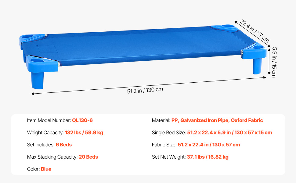 Stackable Kiddie Cot 52" x 23" Daycare Nap Cots for Kids Blue (Pack of ...