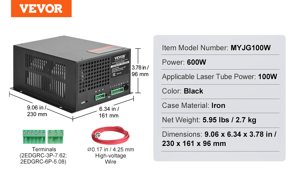 VEVOR CO2 Laser Power Supply for 100W Laser Tube Laser Engravers and ...