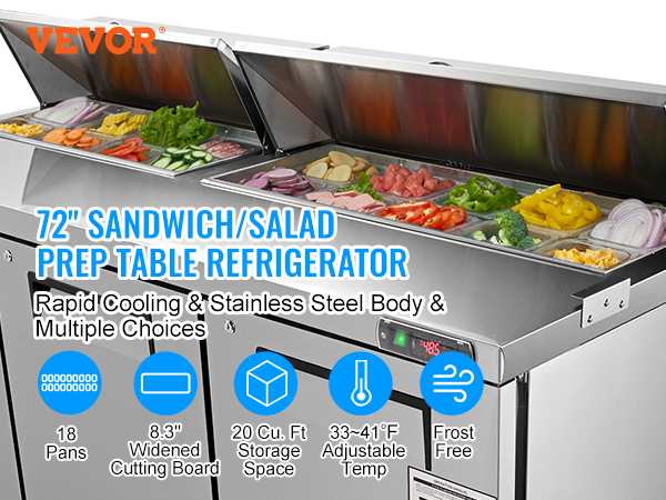VEVOR Commercial Refrigerator, 72" Sandwich & Salad Prep Table, 17.73 ...