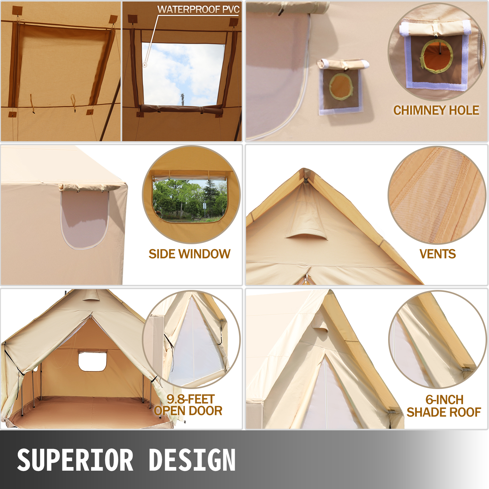 VEVOR Canvas Wall Tent 10x12ft, Wall Tent with PVC Storm Flap, Large ...