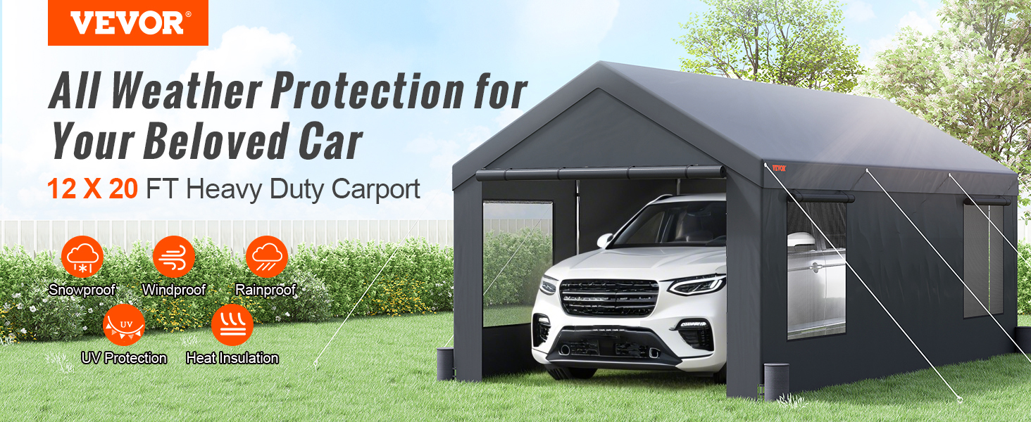 VEVOR Carport, Heavy Duty 12x20ft Car Canopy, Outdoor Garage Shelter ...