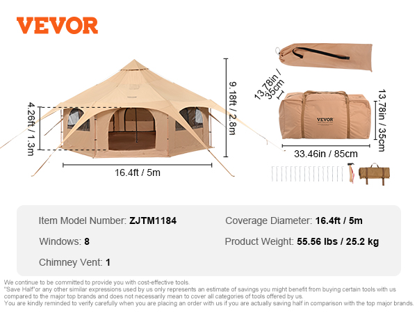 VEVOR Canvas Tent, 4 Seasons 5 m/16.4 ft Bell Tent, Canvas Tent for ...