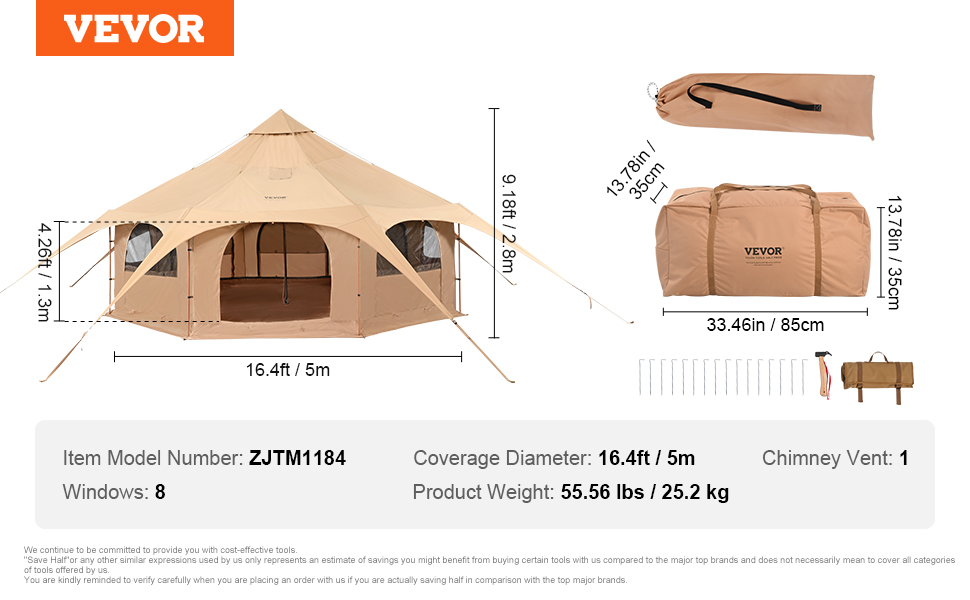 VEVOR Canvas Tent, 4 Seasons 5 m/16.4 ft Bell Tent, Canvas Tent for ...