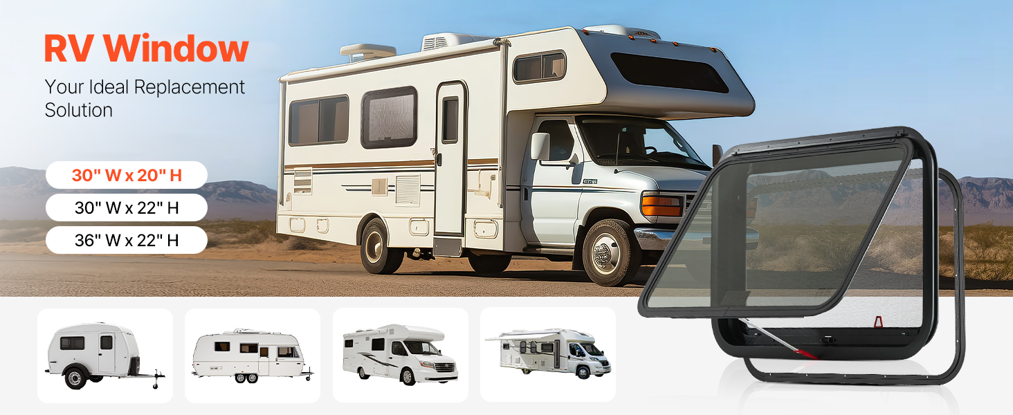 Exit RV Window 30" W x 20" H Emergency Push Out Window W/ Screen & Ring ...