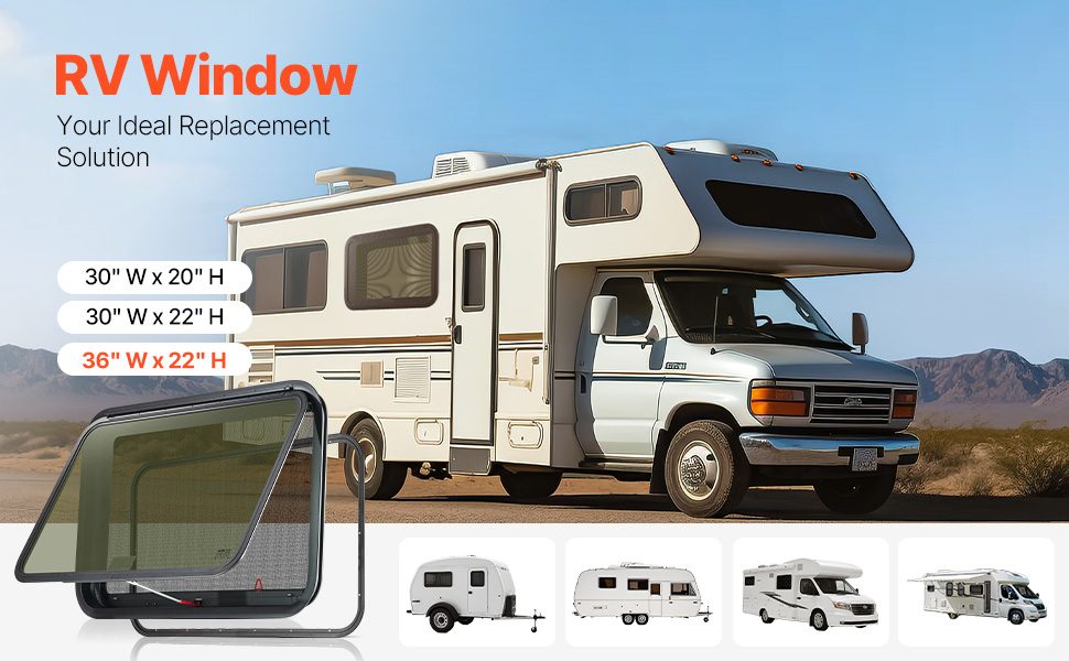 Exit RV Window 36" W x 22" H Emergency Push Out Window W/ Screen & Ring ...